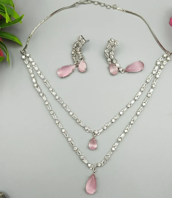 Blush Aurora Double-Layer American Diamond Necklace & Earrings Jewelry ...